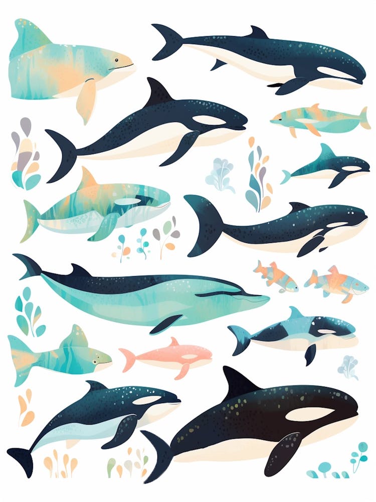 Cute Pastel Orca Whale And Sealife 2 Art Print by Energy of the Sea – Fy!