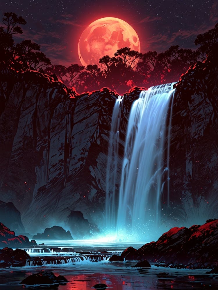 Full Moon Over Waterfall 2 Art Print by AnikArts – Fy!
