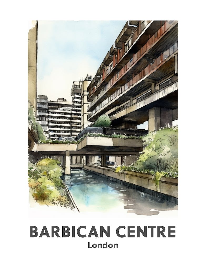 Barbican Centre, London 4 Watercolour Travel Poster Art Print by Fusion ...