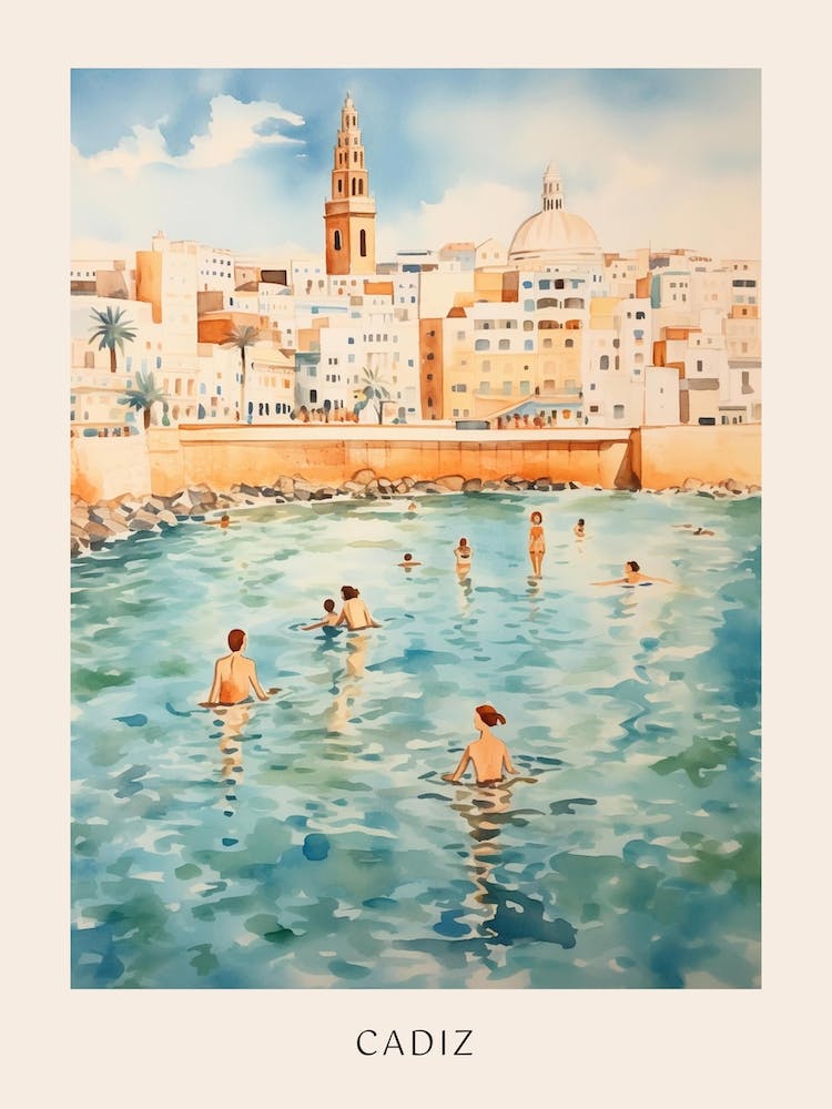 Swimming In Cadiz Spain Watercolour Poster Art Print by MedArt – Fy!