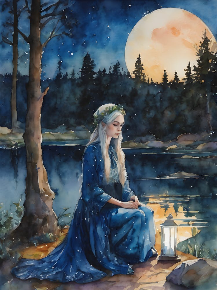 Blue Lotus Elven Lady ~ Praying Meditating Yoga Full Moon Sacred Space ...