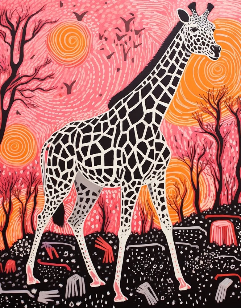 Giraffe Linocut Inspired Pink & Green Art Print by AfricanWild Strokes ...