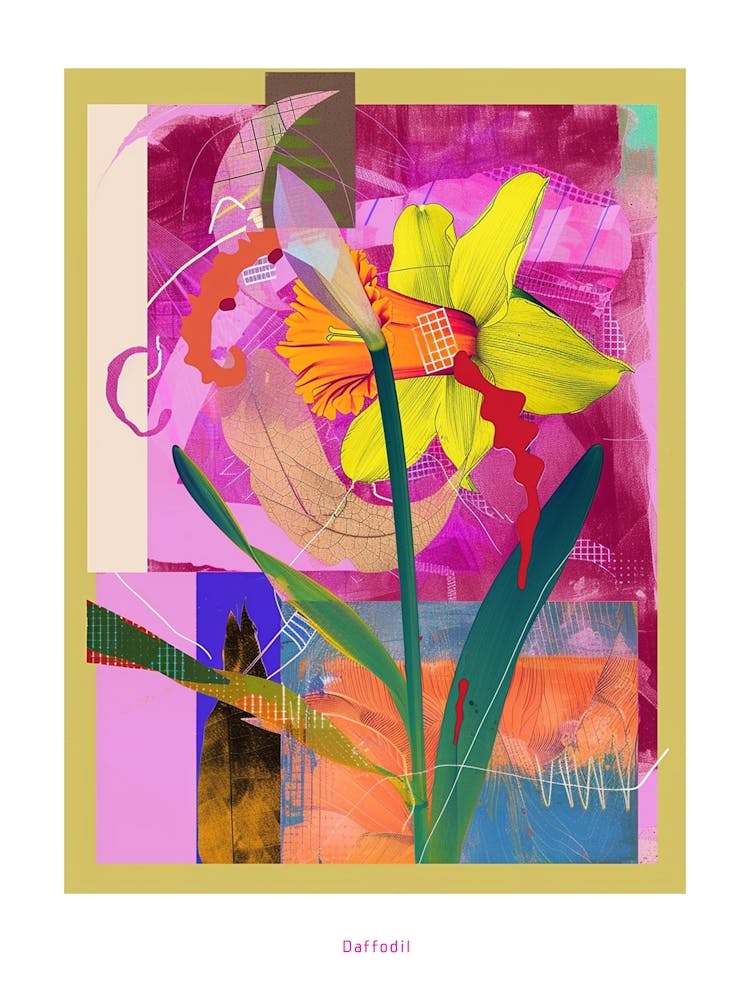 Daffodil 1 Neon Flower Collage Poster Art Print by Botanic Studio – Fy!