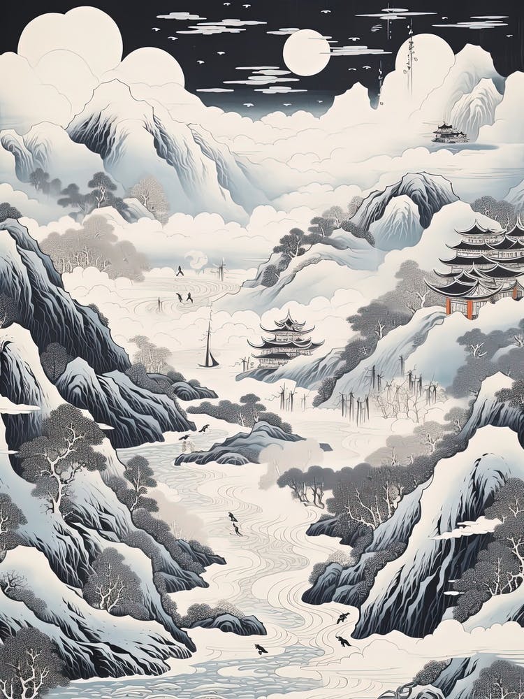 The Japanese Alps In Multiple Prefectures, Ukiyo E Black And White Line ...