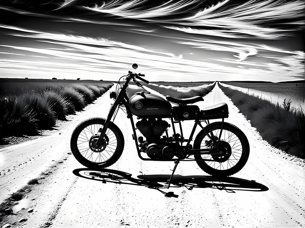 Motorcycle On A Dirt Road, black and white monochromatic art Art Print ...