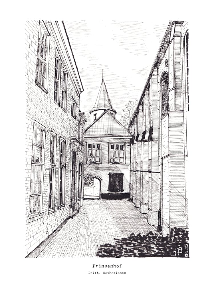 Prinsenhof Delft Netherlands - Pen & Ink Drawing Art Print by Fy!