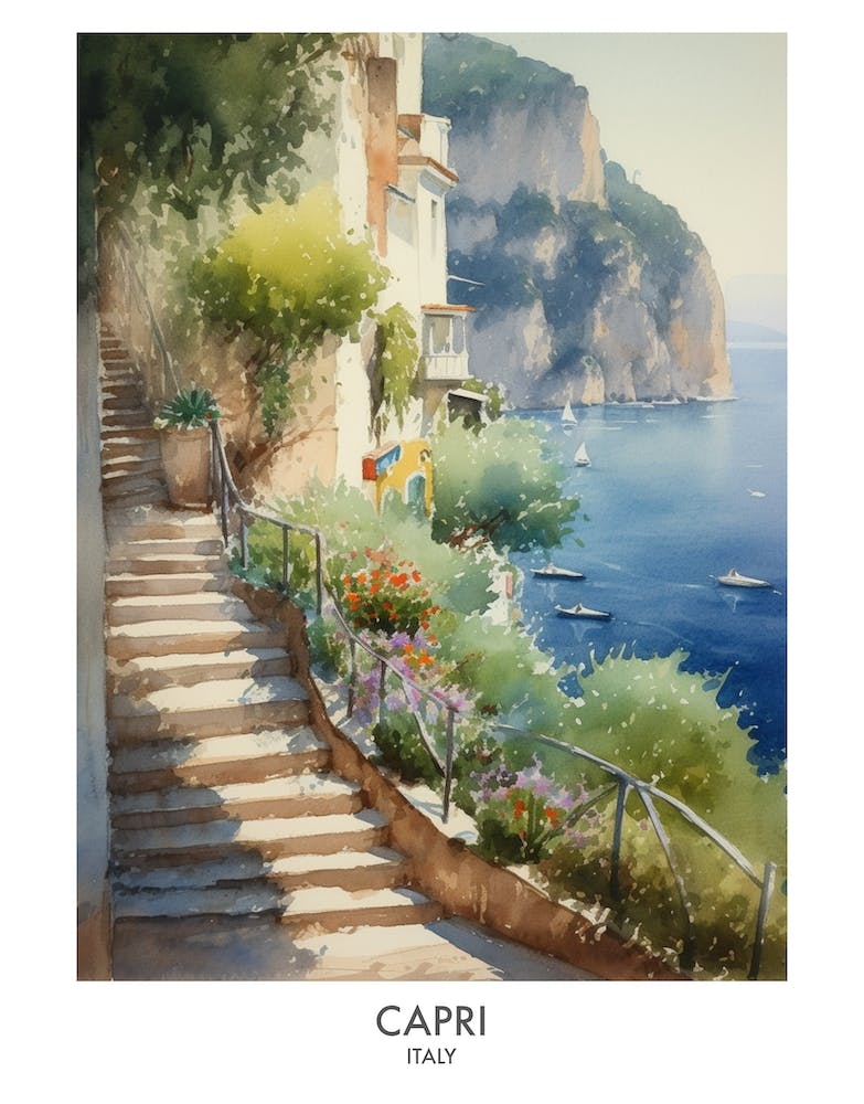 Capri Watercolour Travel Poster 4 Art Print by Fusion Designs – Fy!