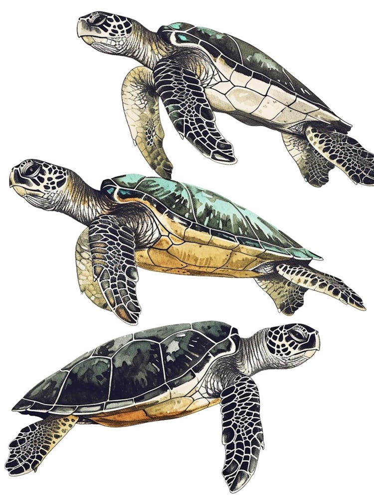 Three Minimalist Vintage Sea Turtles 2 Art Print by Energy of the Sea – Fy!