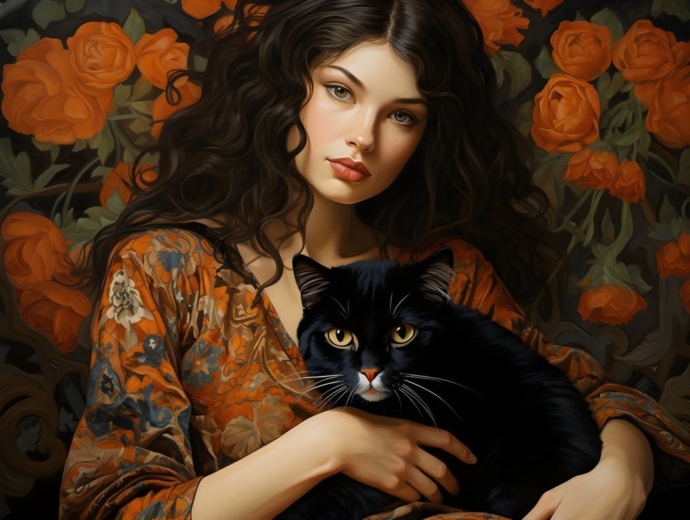 Contemporary Floral Cat And Woman 3 Art Print by S.K. Coghlan – Fy!