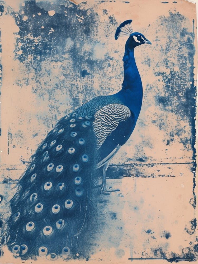 Blue & Sepia Cyanotype Inspired Peacock Art Print by Featherline – Fy!