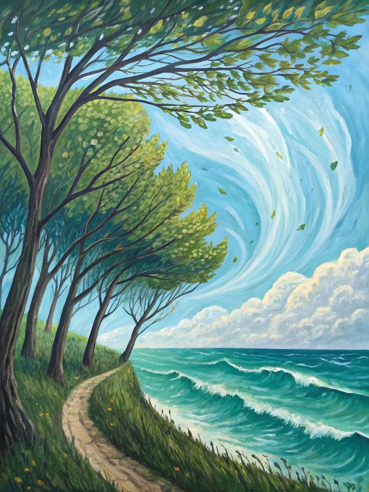 Windy Coastal Landscape Surrealist Oil Painting Style Of Van Gogh Art ...