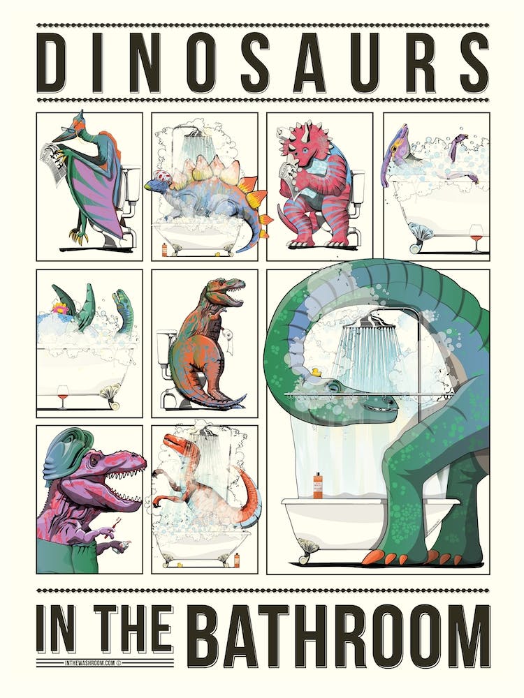 Dinosaurs using the Bathroom Art Print by Wyatt 9 – Fy!