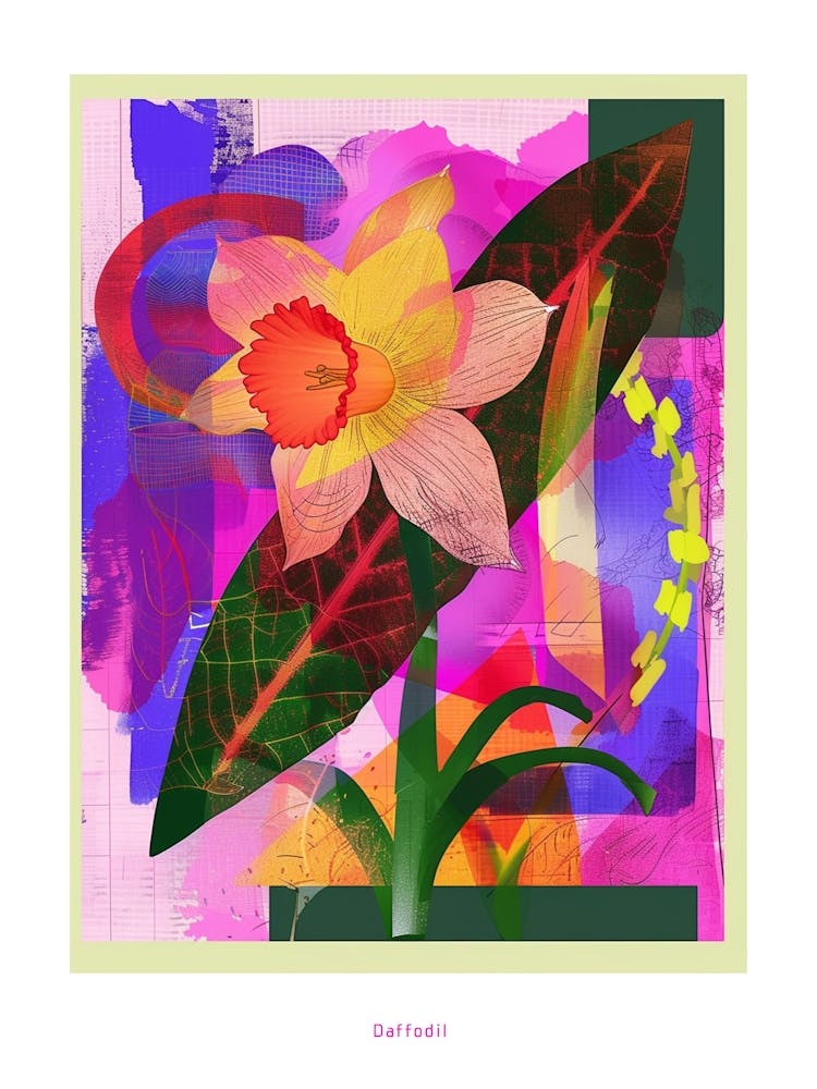 Daffodil 3 Neon Flower Collage Poster Art Print by Botanic Studio – Fy!