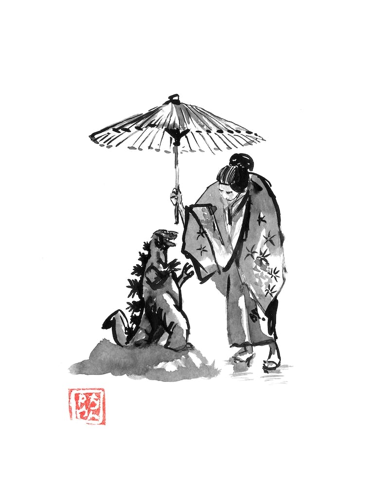 Geisha Protecting Little Godzilla Art Print by Pechane Sumie – Fy!