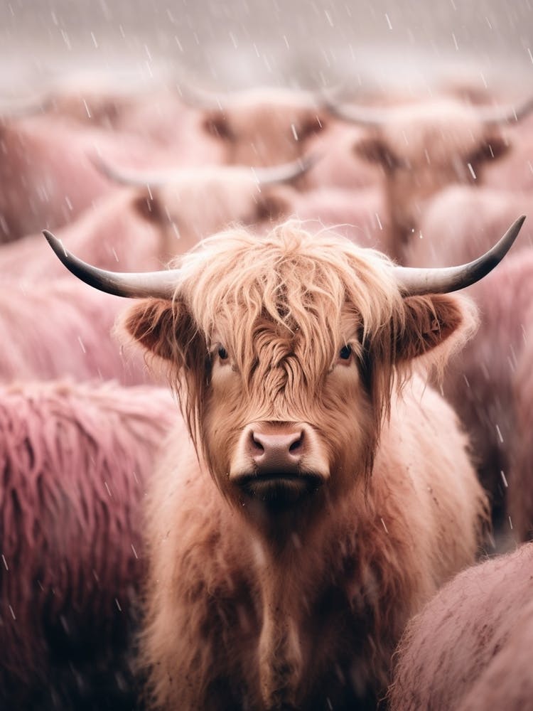 Blush Pink Highland Cows In The Rain 3 Art Print by Exploring the ...