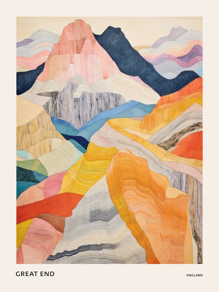 Great End England Colourful Mountain Illustration Poster Art Print by ...