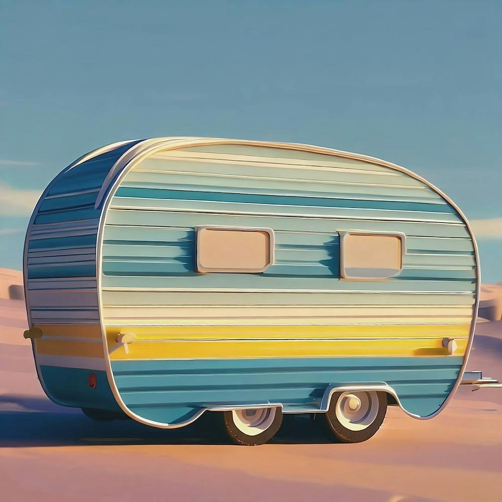 Retro Trailer Camper in Desert - Pastel Blue and Yellow Art Print by Fy!
