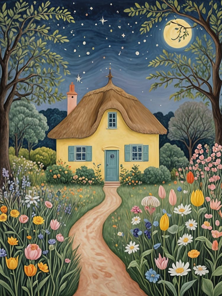 Thatched Yellow Cottage At Night Art Print by Daydream Pacific – Fy!