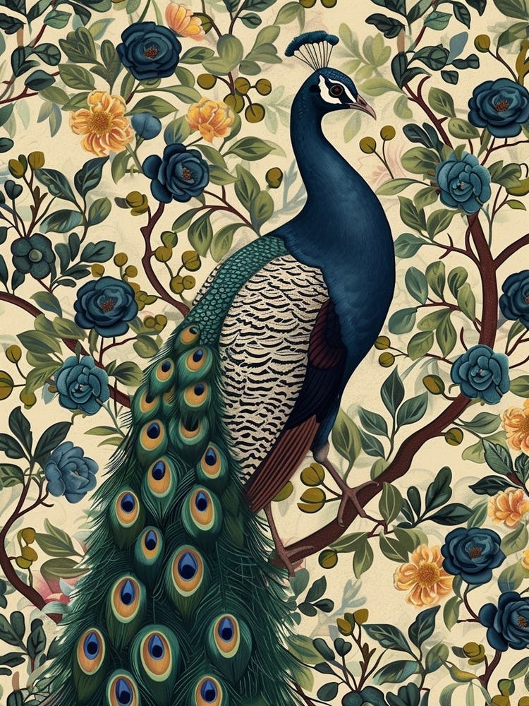 Sepia Blue Peacock Floral Wallpaper Art Print by Featherline – Fy!