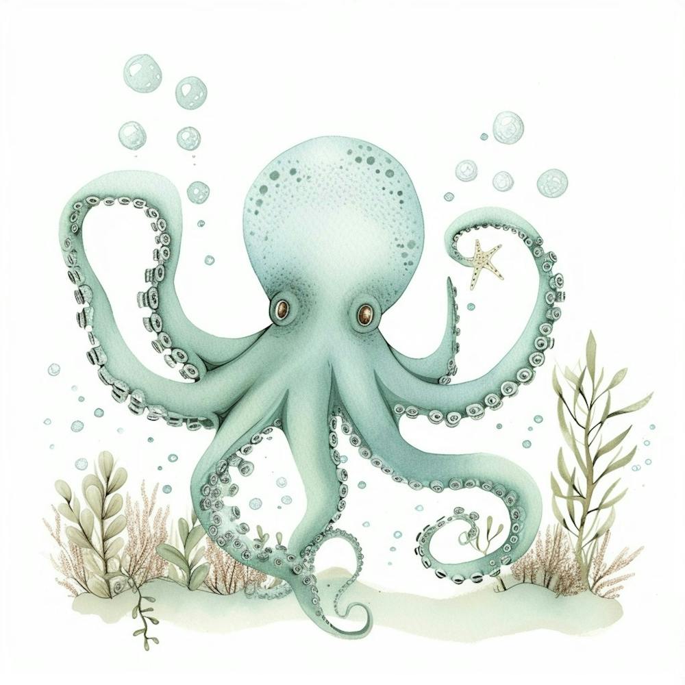 Storybook Style Octopus With Seaweed 3 Art Print by Energy of the Sea – Fy!