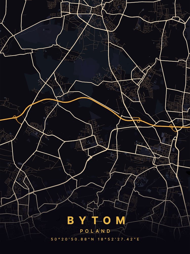 Bytom Poland Black And Gold Map Art Print by The Map Merchant – Fy!