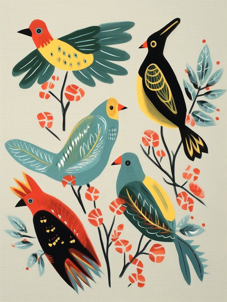 Folk Style Bird Painting Northern Cardinal 5 Art Print by Feathered ...