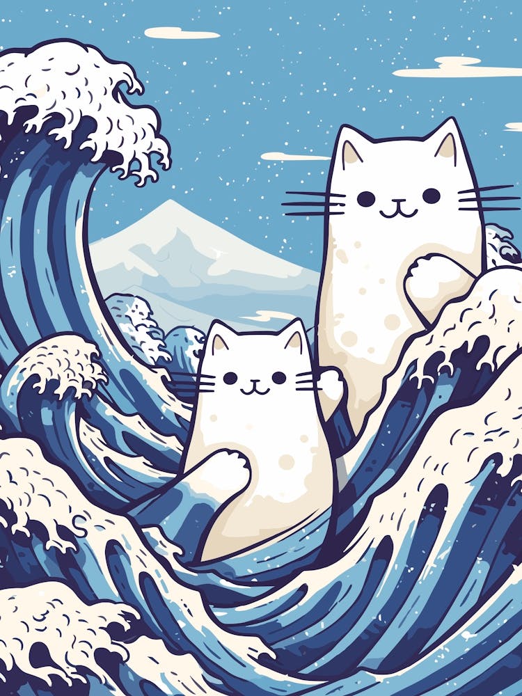 Hokusai Great Wave Cats Kawaii Cartoon Mount Fuji Art Print by Mambo – Fy!
