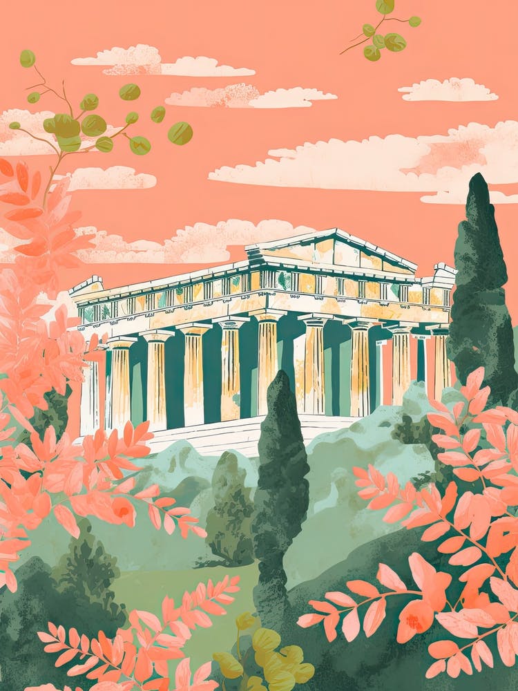 Parthenon Athens, Greece Cute Botanical Illustration Travel 2 Art Print ...