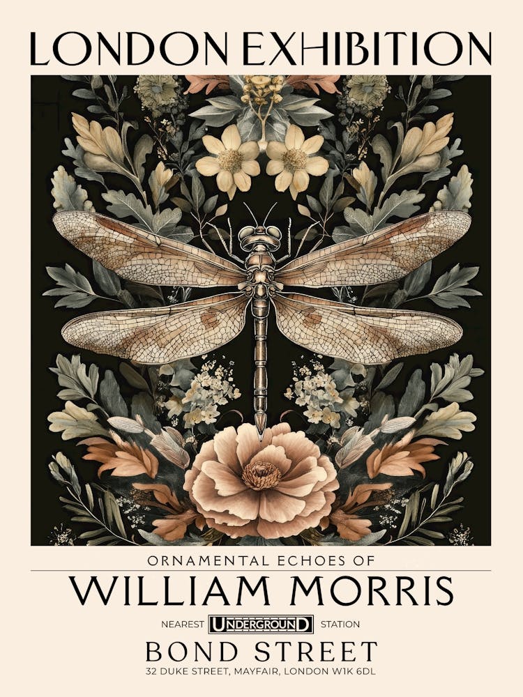 William Morris Dragonfly and floral artwork in Warm earth tones, insect ...