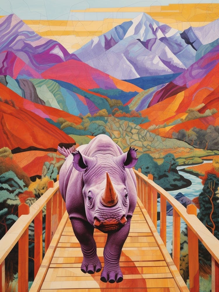 Rhino Crossing A Wooden Bridge With Mountain In The Background 3 Art ...