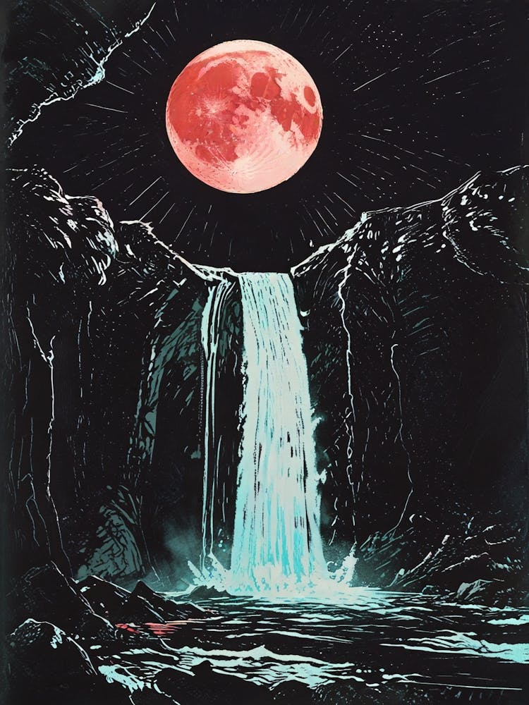Full Moon Over Waterfall 1 Art Print by AnikArts – Fy!