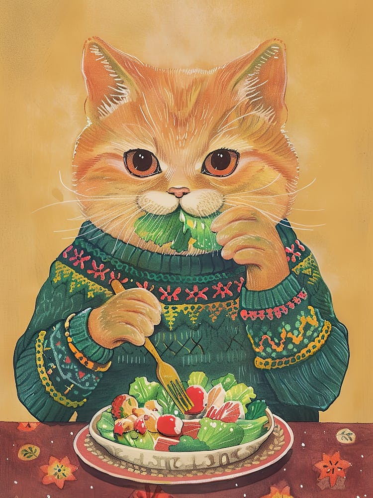 Brown Cat Eating Salad Folk Illustration 2 Art Print by Purrfect Plates ...