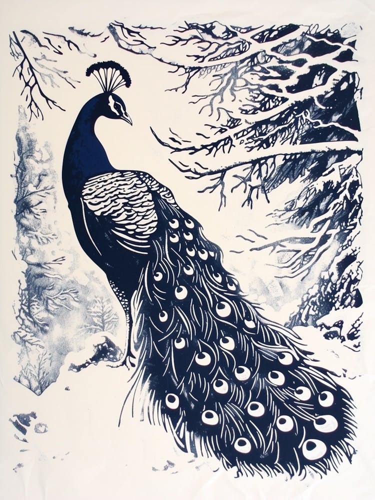 White & Blue Linocut Peacock Snow Scene Art Print by Featherline – Fy!