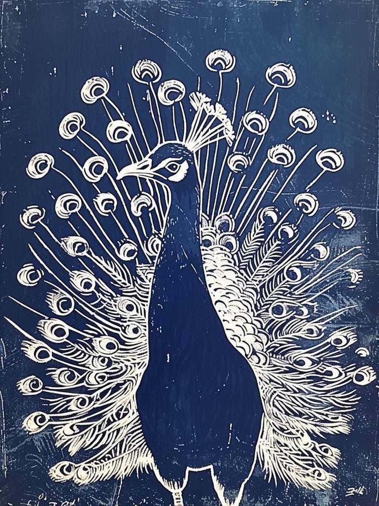 Dark Navy Peacock Linocut Inspired Art Print by Featherline – Fy!