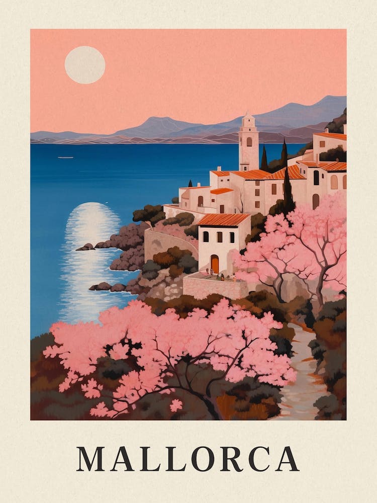 Mallorca Spain 1 Vintage Pink Travel Illustration Poster Art Print by ...