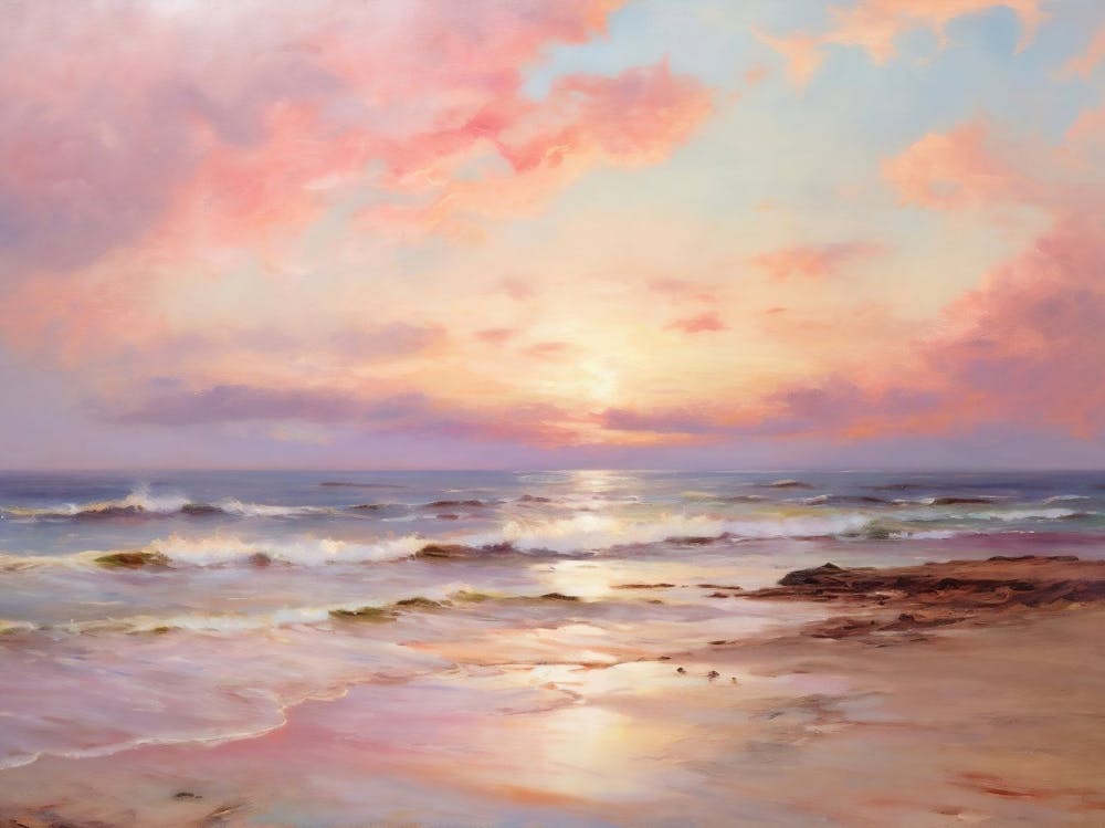 Vintage Coastal Painting, Sunset Landscape, Muted Beach Printable Wall ...