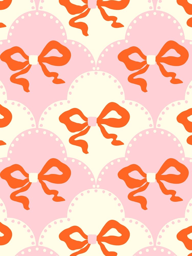 Coquette Red Flowy Bows Girly Pink and White Scallop Damask Art Print ...
