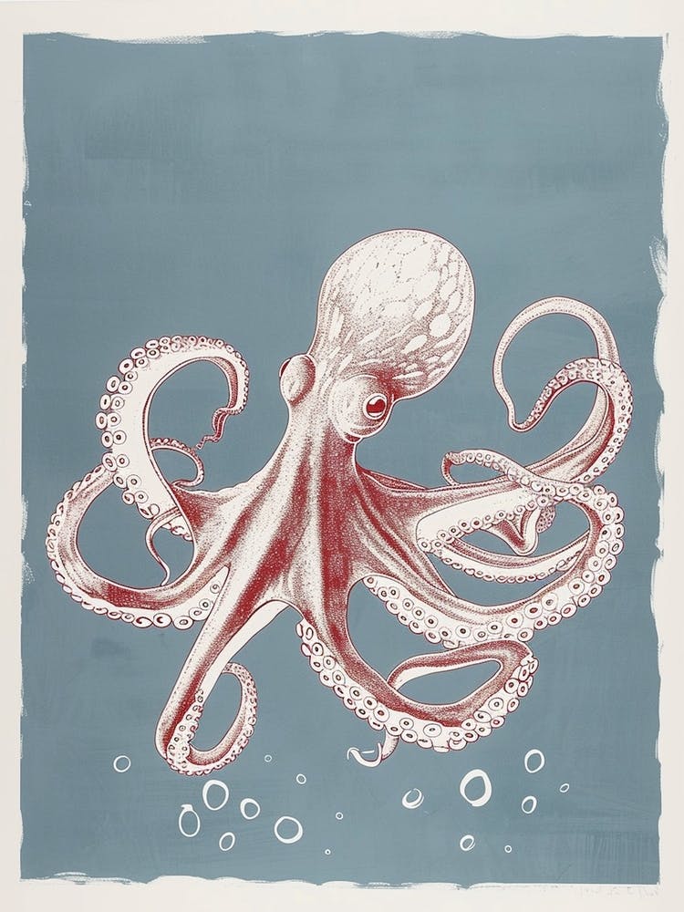 Chalk Blue Octopus Inspired Linocut 1 Art Print by Energy of the Sea – Fy!