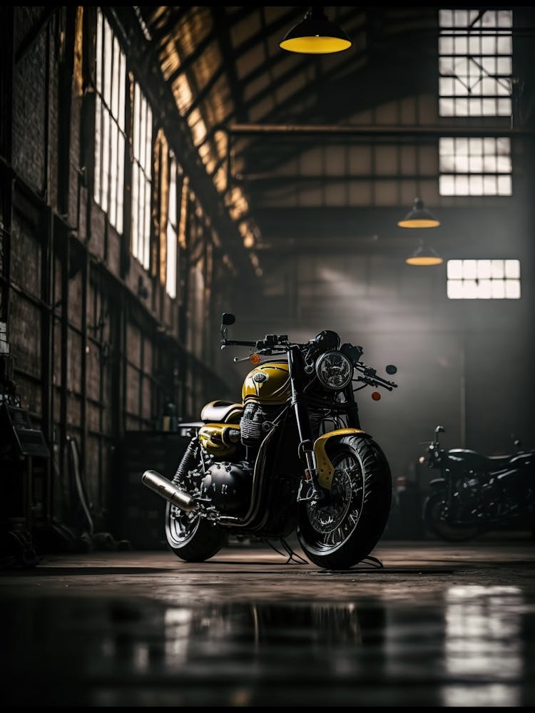 Triumph Motorcycle In A Warehouse Art Print by Liberta – Fy!