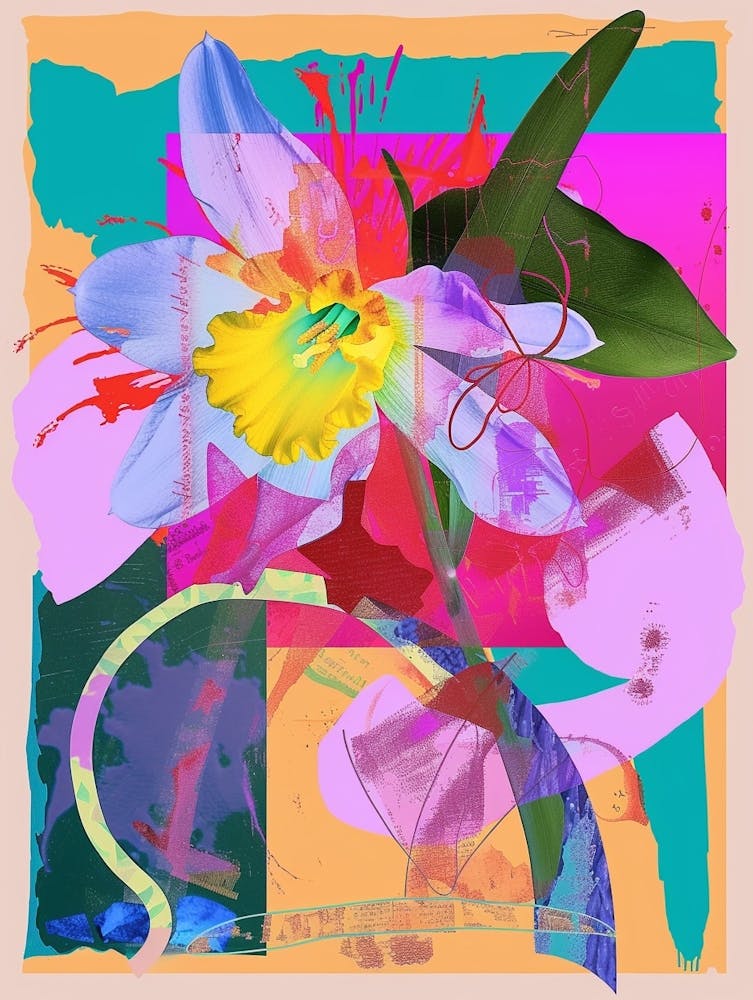 Daffodil 2 Neon Flower Collage Art Print by Botanic Studio – Fy!
