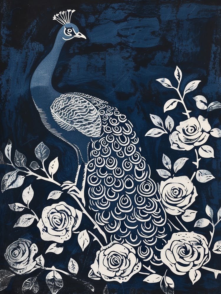 Navy Linocut Inspired Peacock With The Roses 2 Art Print by Featherline ...
