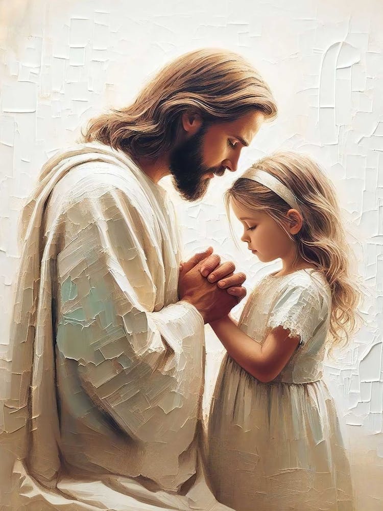 Jesus betet mit Mädchen, Christliches Gemälde, Jesus mit Kindern, Jesus ...