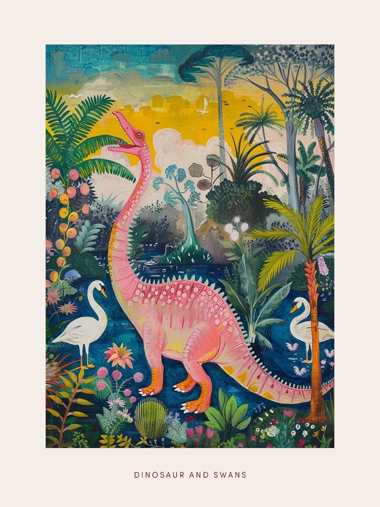 Dinosaur With Swans Painting 3 Poster Art Print by Dino Delights – Fy!