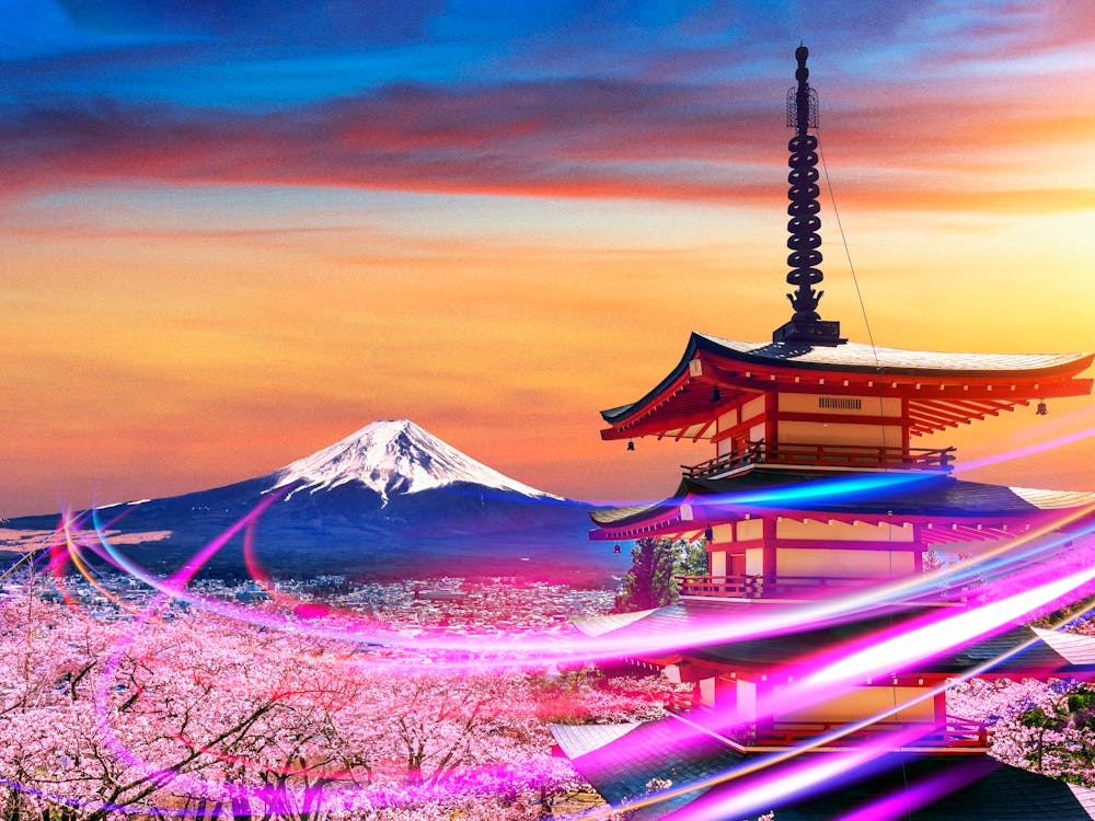 Neon city: Japan, Fuji mountain. Cherry blossoms, pagoda, sunset ...