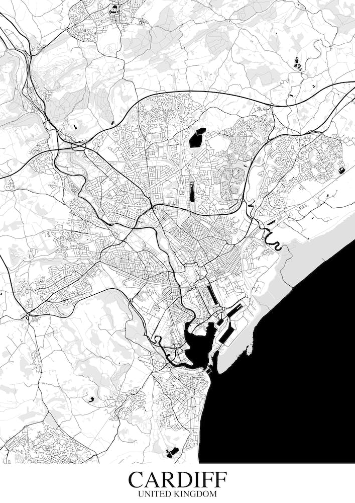 Cardiff White Black Map Art Print by Mapply – Fy!