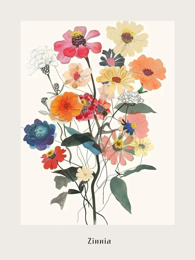 Zinnia 1 Collage Flower Bouquet Poster Art Print by Botanic Studio – Fy!