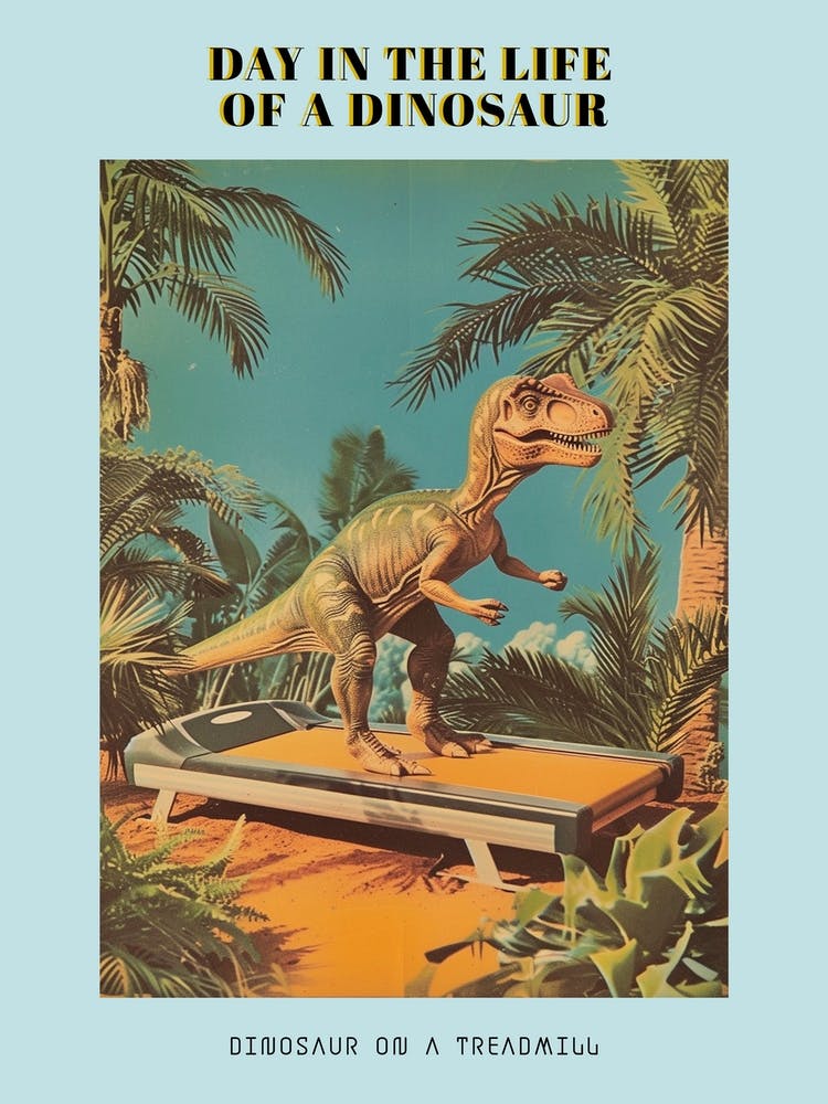 Dinosaur On The Treadmill Retro Collage 2 Poster Art Print by Dino ...