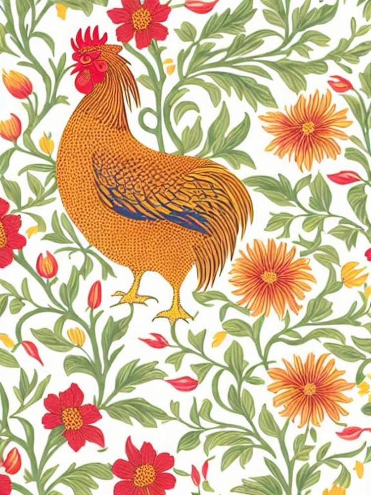 Rooster William Morris Style Bird Art Print by Featherline – Fy!