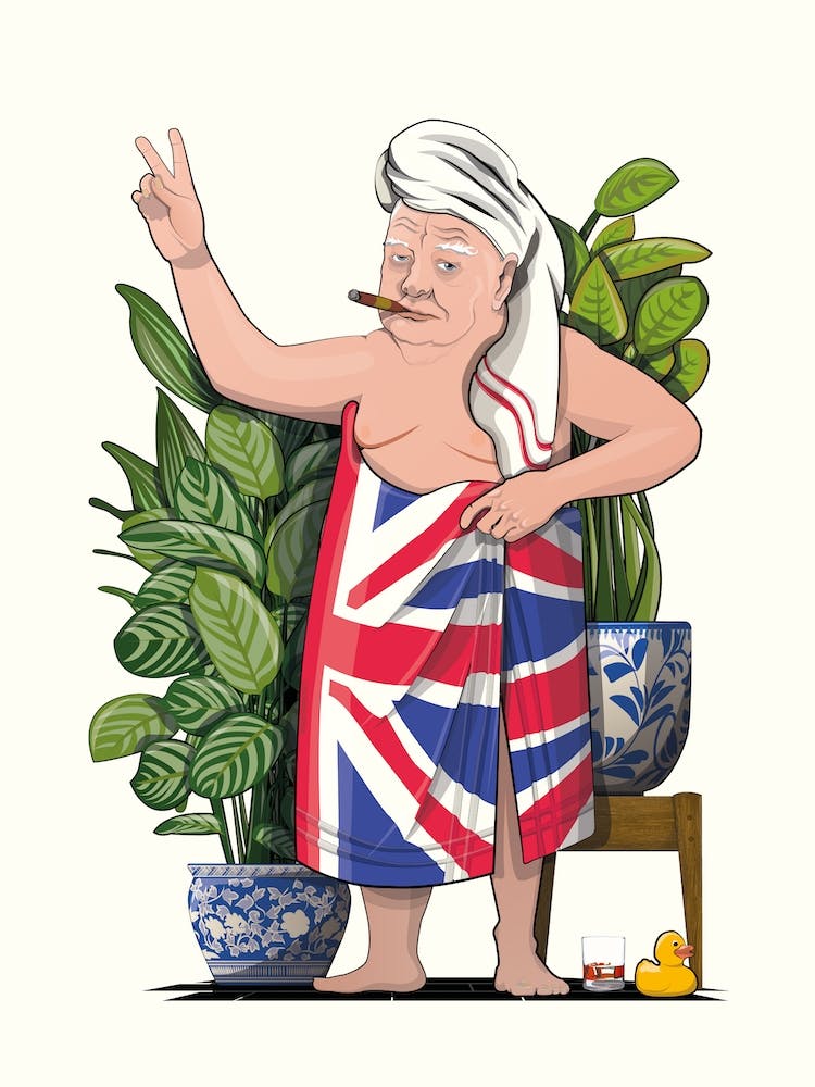 Churchill In Bath Towel in the Bathroom Art Print by Wyatt 9 – Fy!