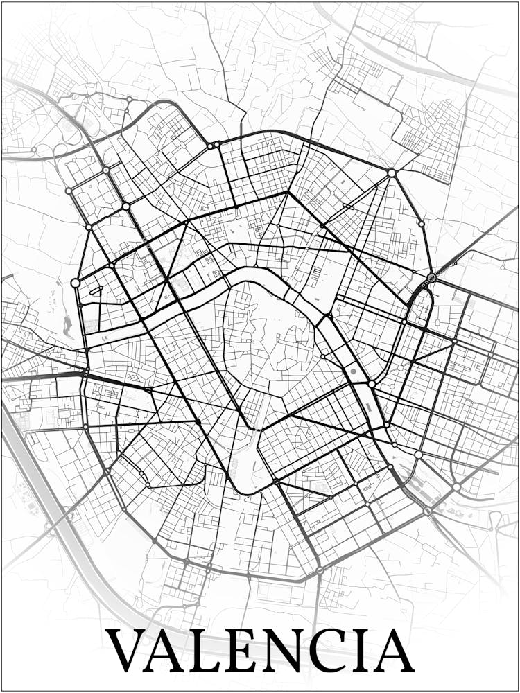 Valencia, Spain, City Map, Black And White Fade Design Art Print by ...